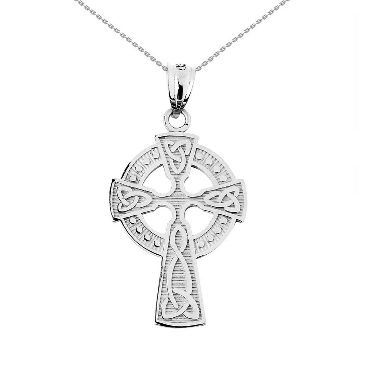 14K Solid White Gold Trinity Knot Celtic Cross Pendant Necklace ...
